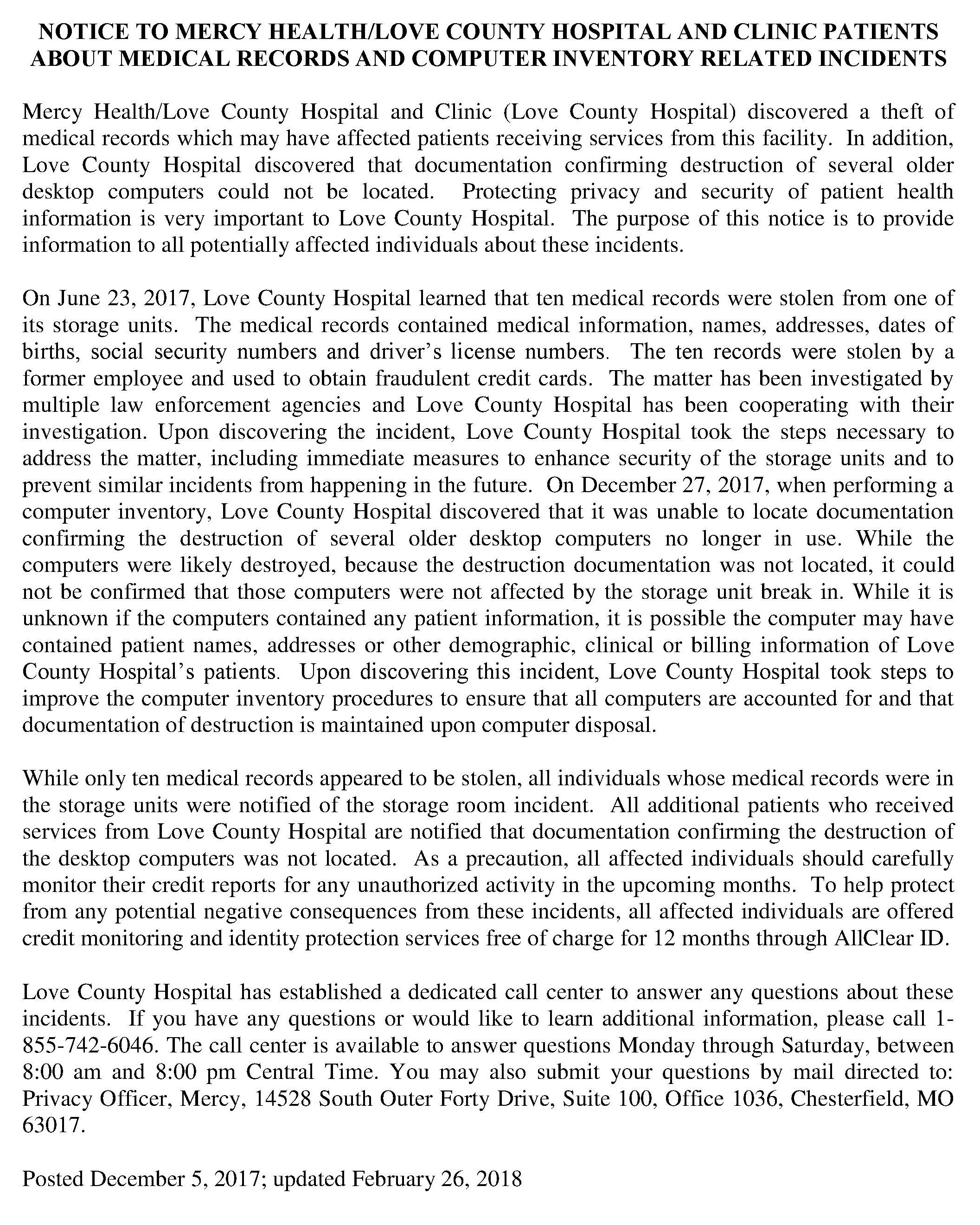 Notice About Medical Record/Computer Inventory Incidents